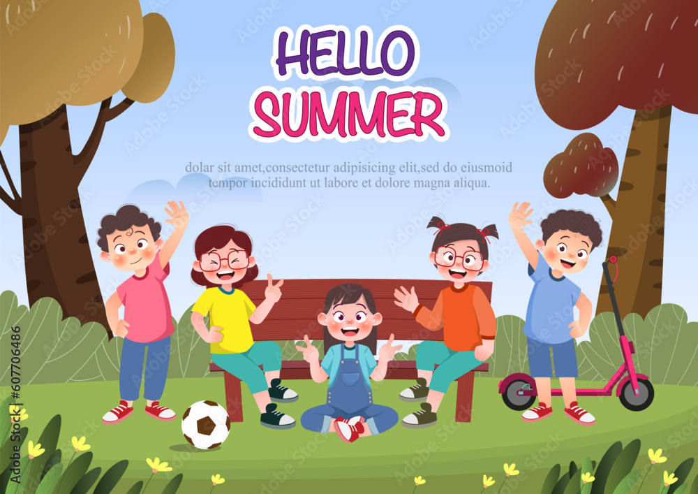 Cute children play outside. template for advertising brochures, ready ...