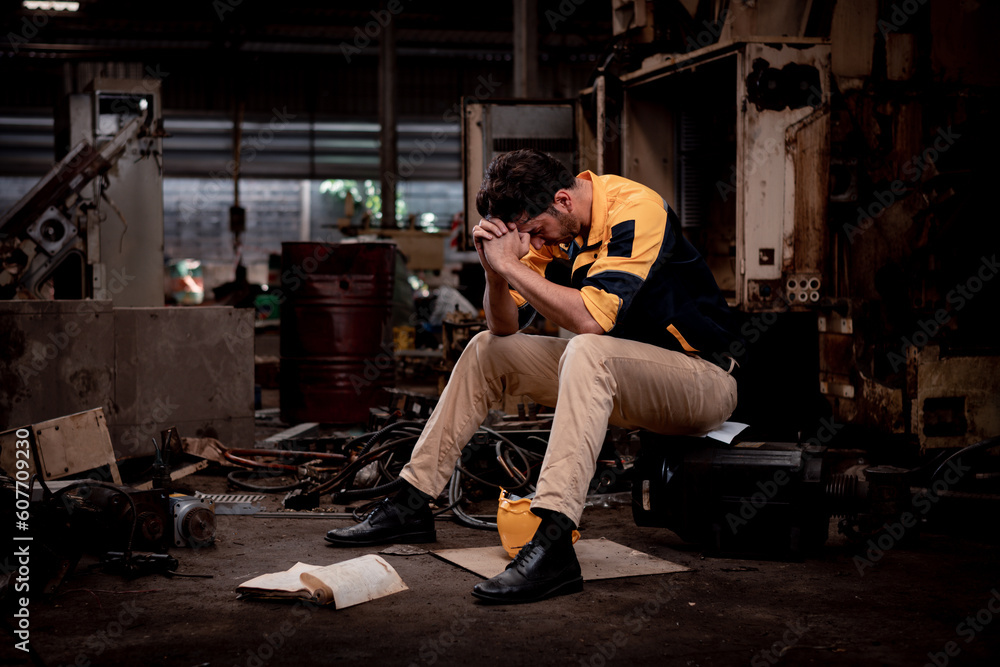 Worker wearing uniform sitting in factory plantation posing feel tried ...