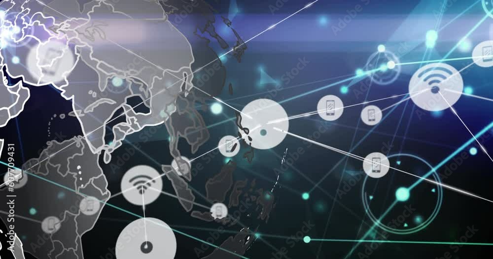 Vidéo Stock Animation of connected icons over lens flares, rotating ...