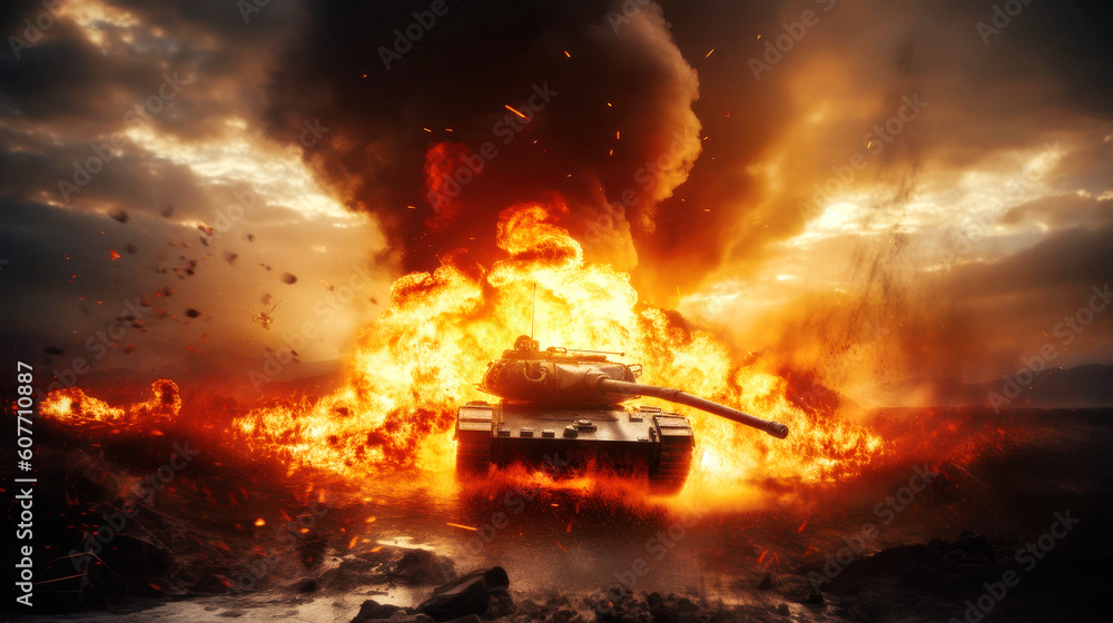 On the battlefield, a tank succumbs to a furious fireball explosion ...
