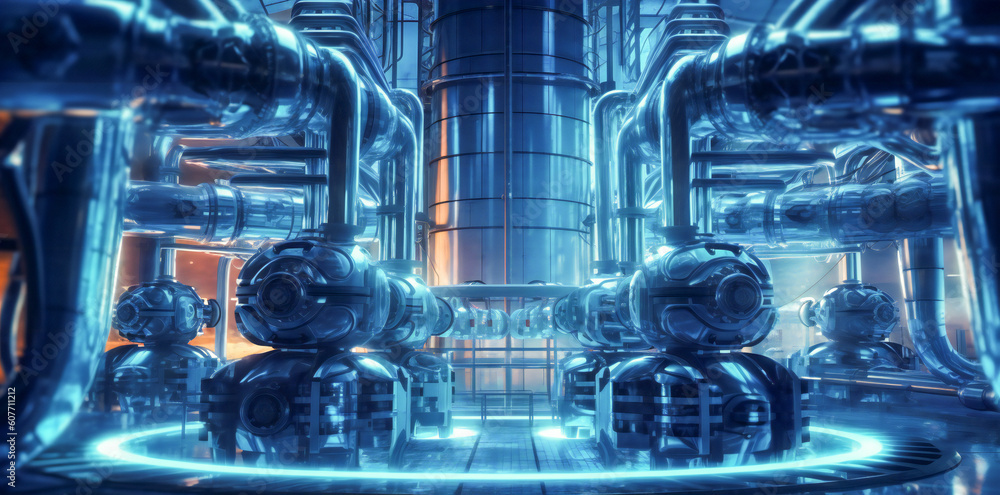 Illustration of an advanced industrial setup with pipes, blue lights ...