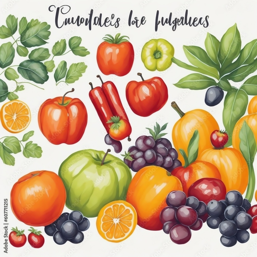 Fruits and Vegetables: Craft colorful watercolor clipart of delicious ...