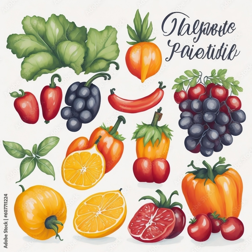 Fruits and Vegetables: Craft colorful watercolor clipart of delicious ...