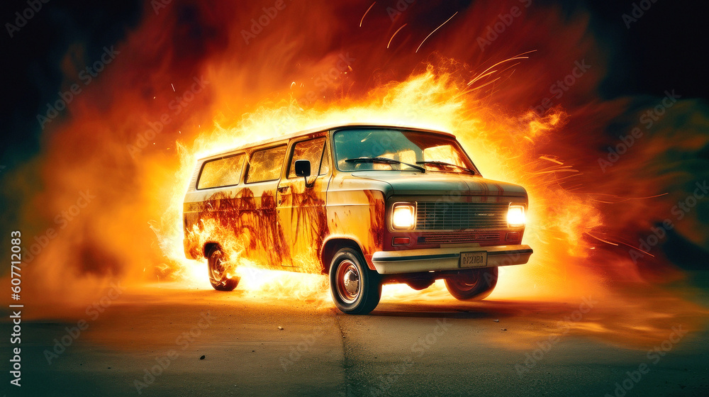 In the heart of the city, a van suddenly explodes into a fiery ...