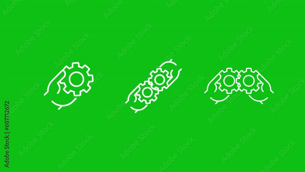 Teamwork white icon animation. Animated line hands joining gears. Team ...