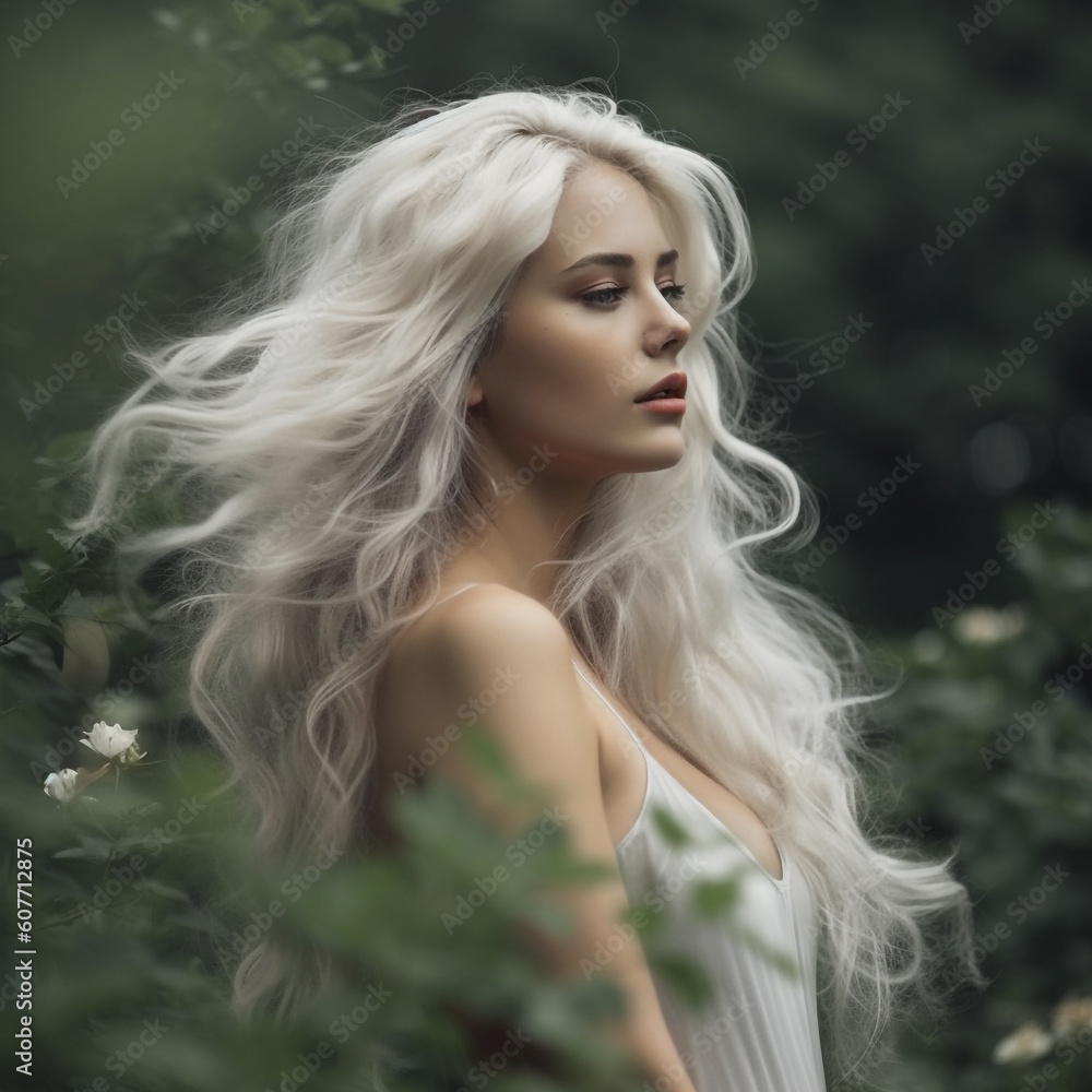 Foto de Portrait of beautiful young woman with long white hair in the ...