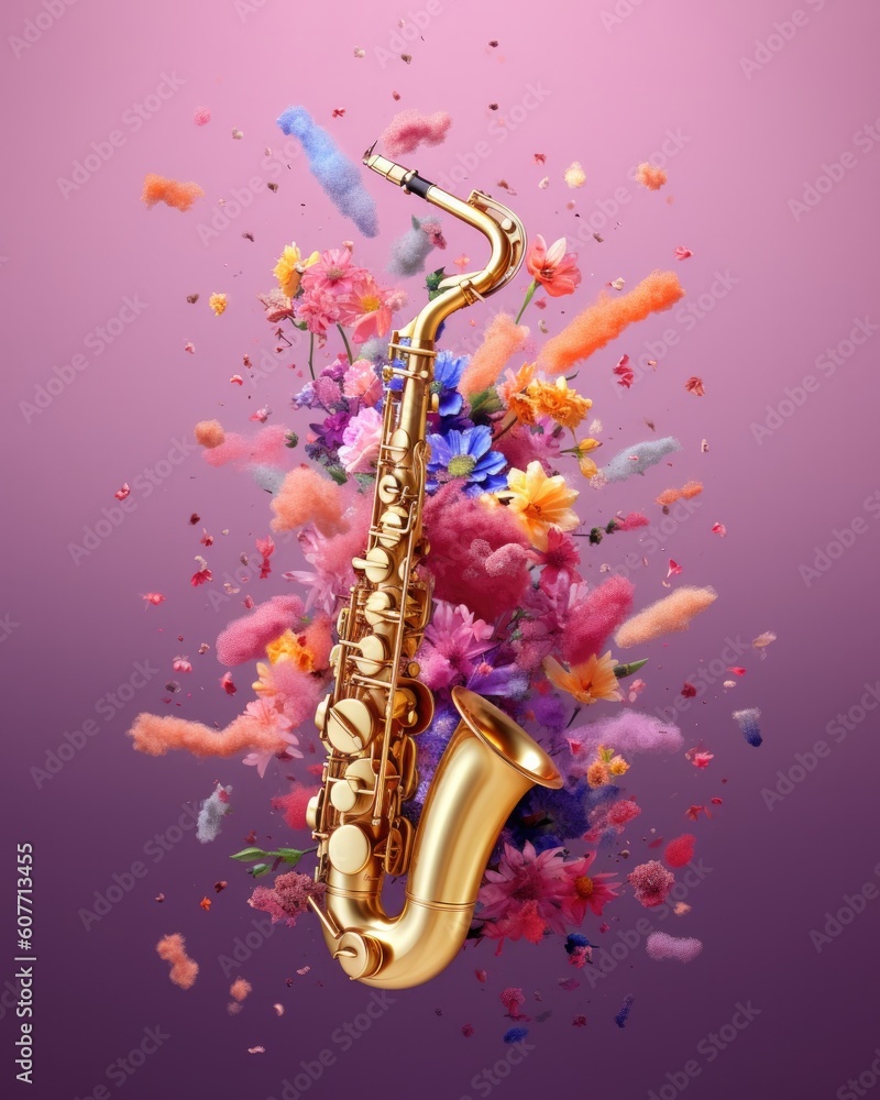 Beautiful music instrument saxophone with flowers on pastel background ...
