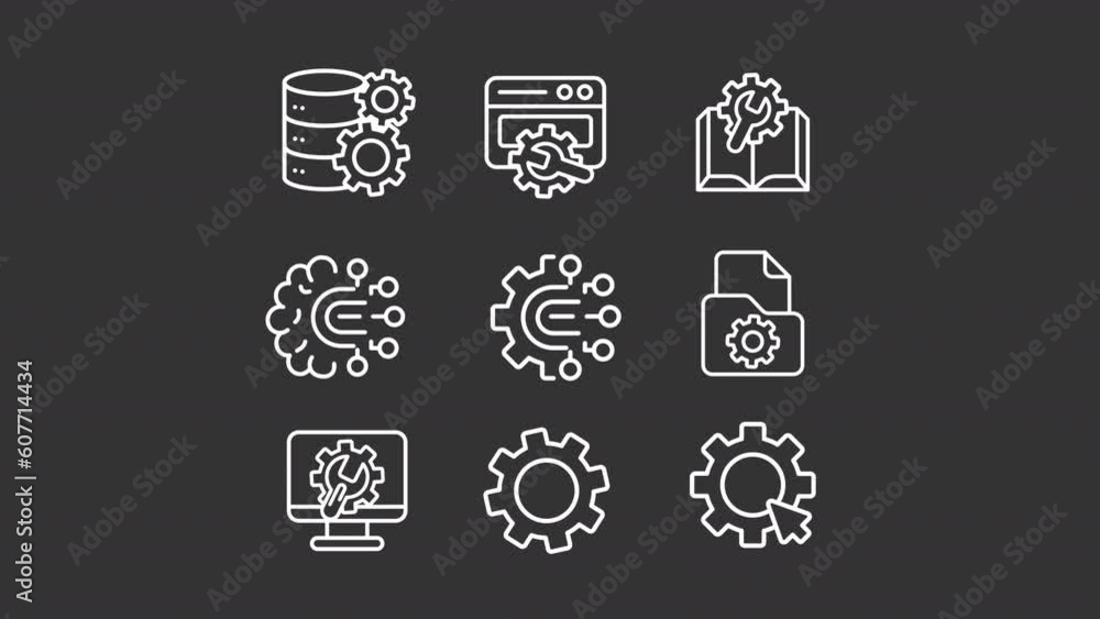 Animated configuration white icons. Software engineering line animation ...