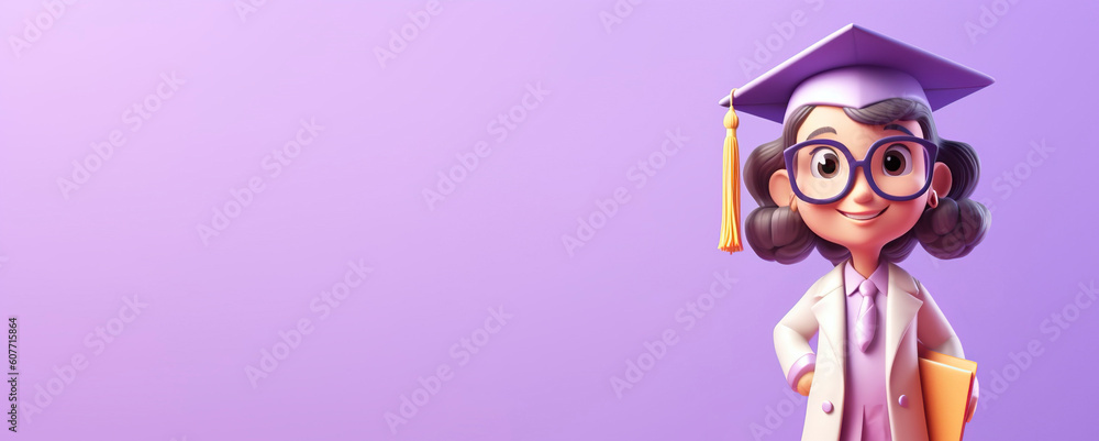 3d cartoon girl graduate. Copy space, background. Generative AI. Stock ...
