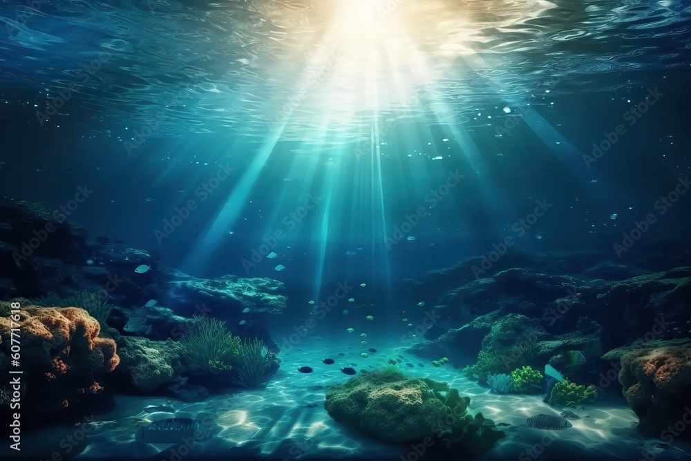 Seabed with air bubbles and sun rays, generative AI. Stock Illustration ...