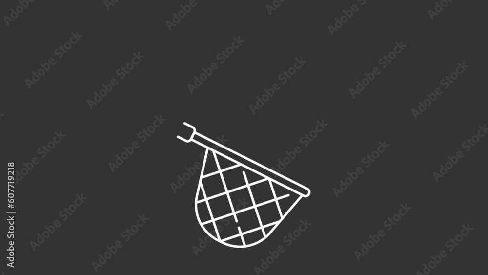 Animated landing net white line icon. Fish jumping inside fishnet ...