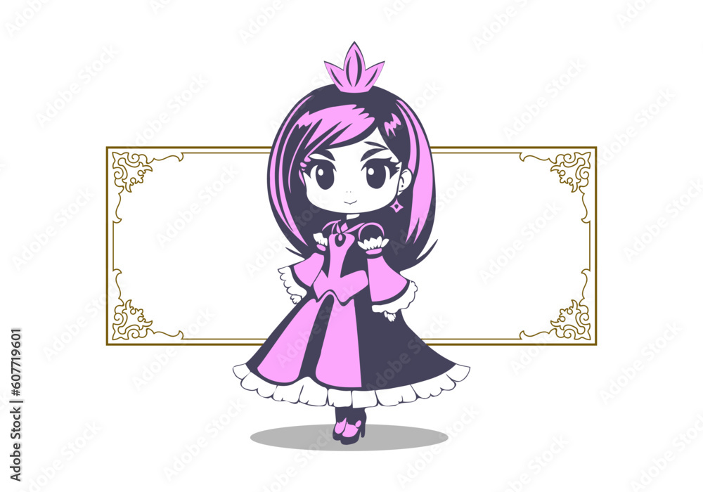 Vector little cute beautiful pink anime princess in a crown and dress ...