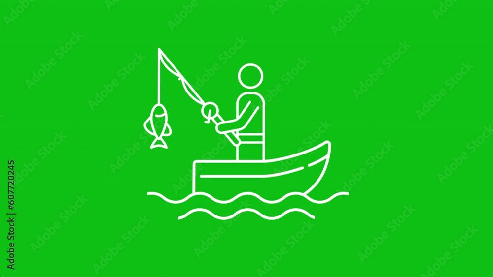 Animated fisher in boat white icon. Angler catching fish line animation ...