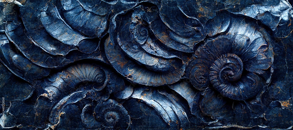 Fossilized ammonite sea shell spirals embedded into dark cobalt blue ...