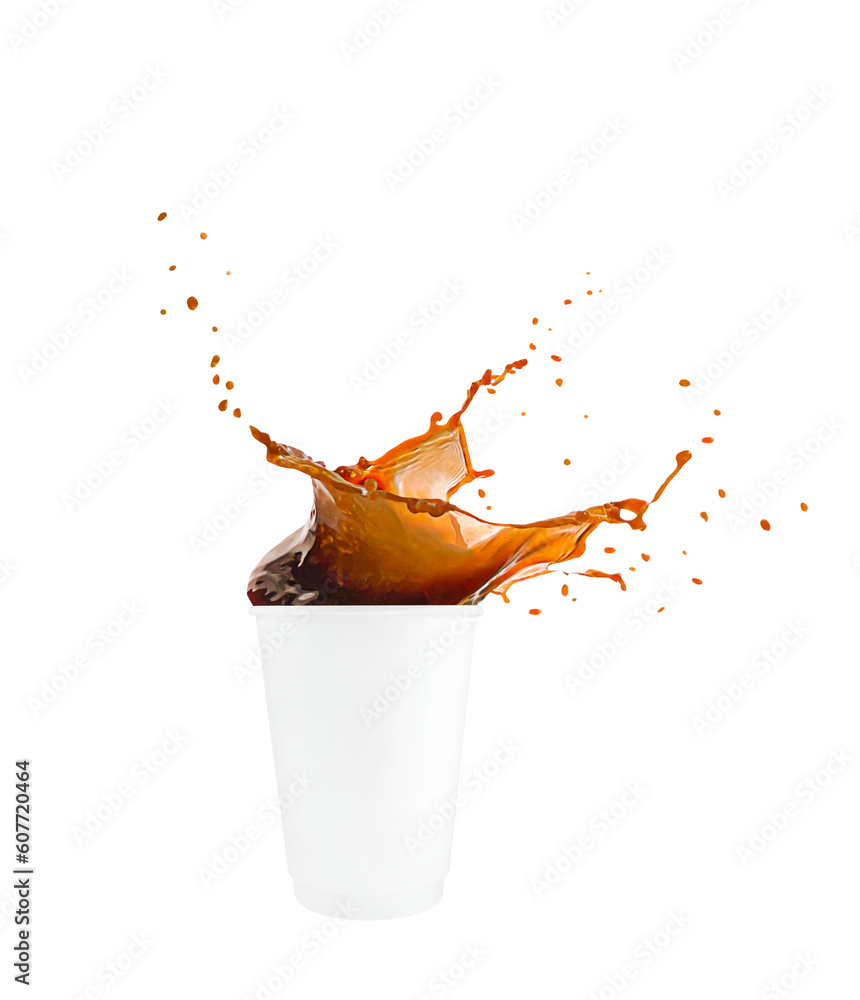 A white paper cup filled with espresso coffee. Coffee splash with ...