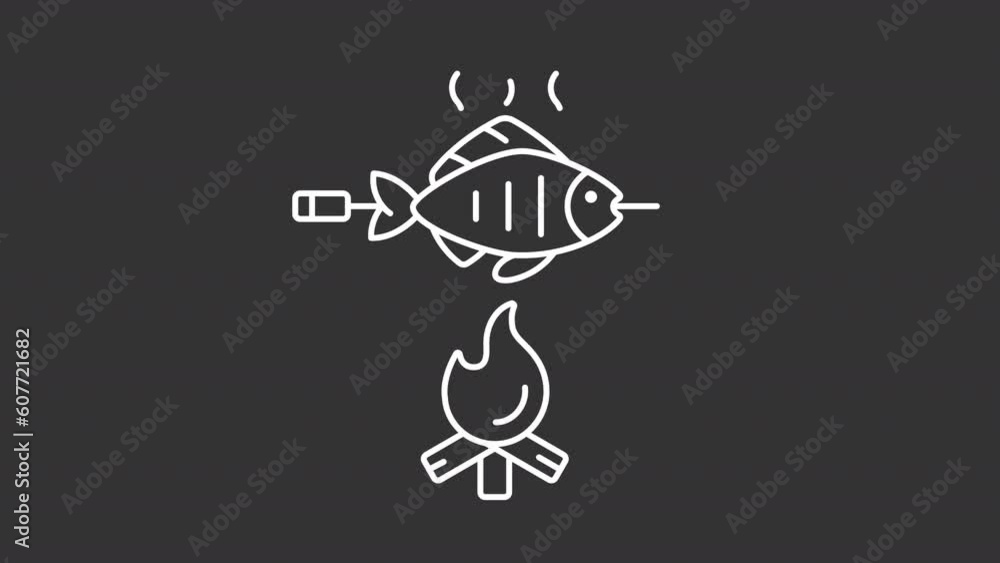 Cook fresh fish white icon animation. Animated line caught fish over ...