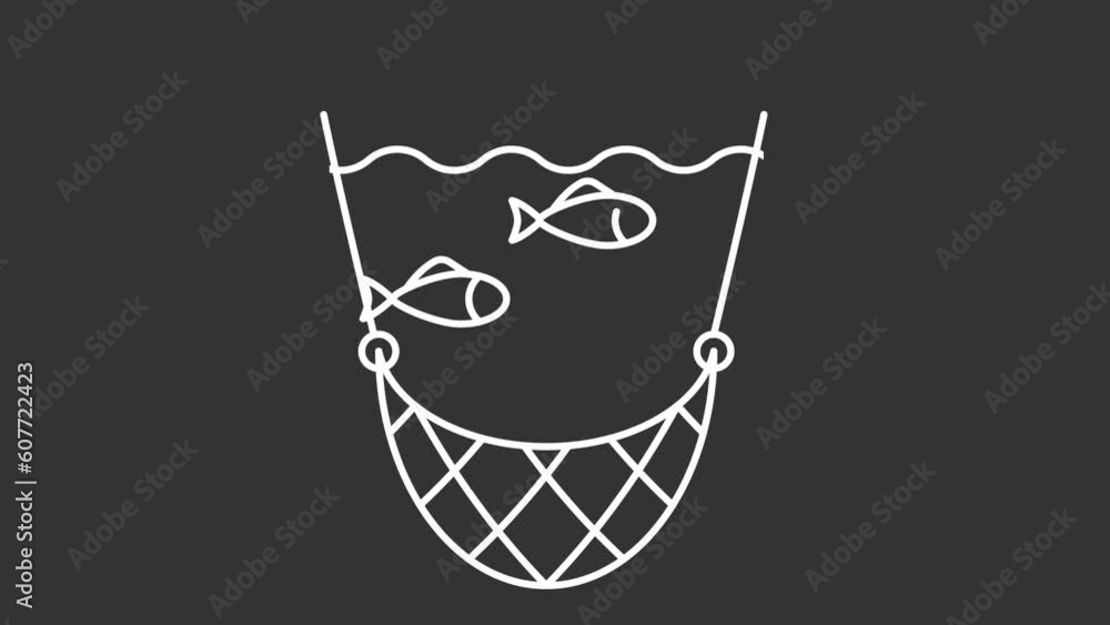 Animated fishing net white line icon. Catching fish with net animation ...