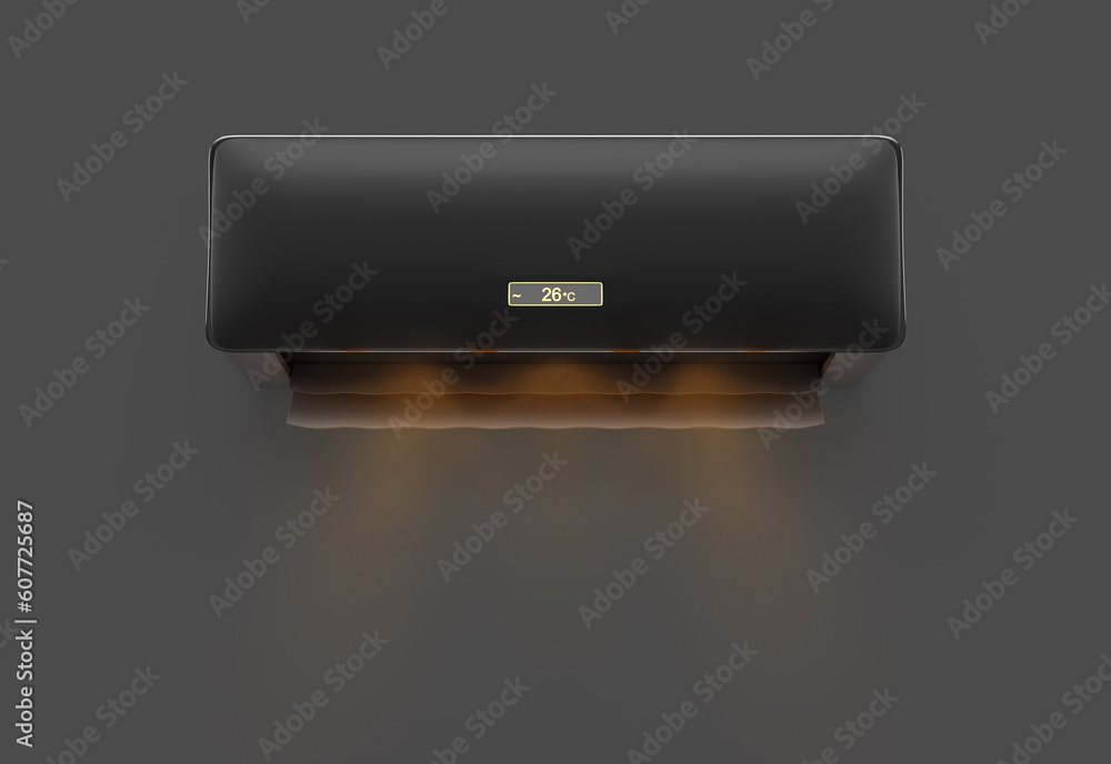 Black air conditioner with warm wind wave 3d render. Realistic mockup ...