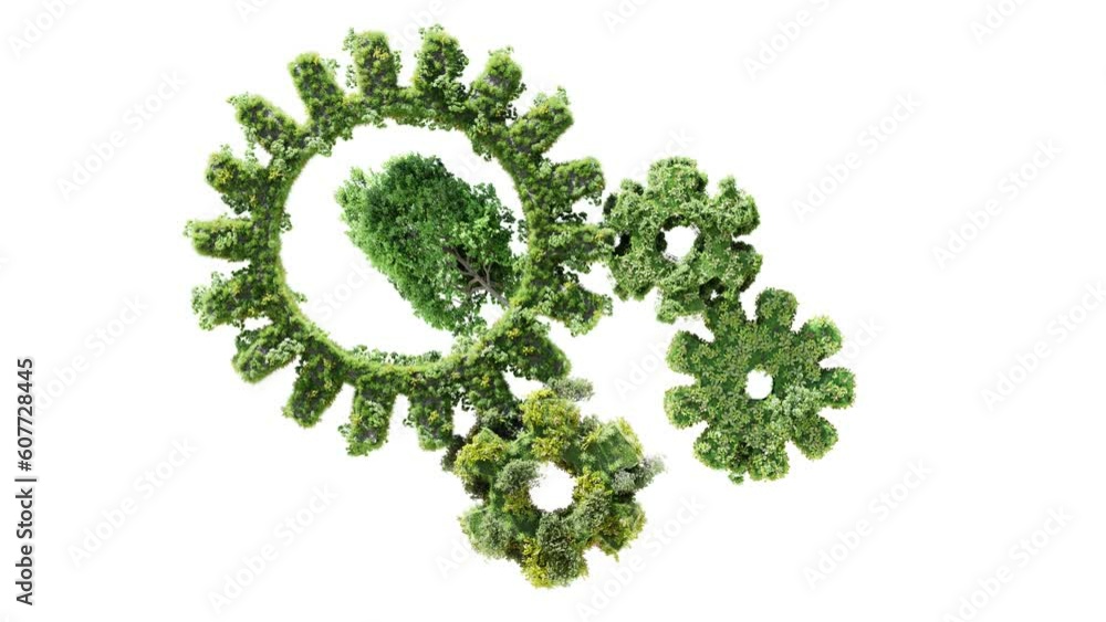 Set mechanism of Gears overgrown with grass, plants and trees. Detail ...