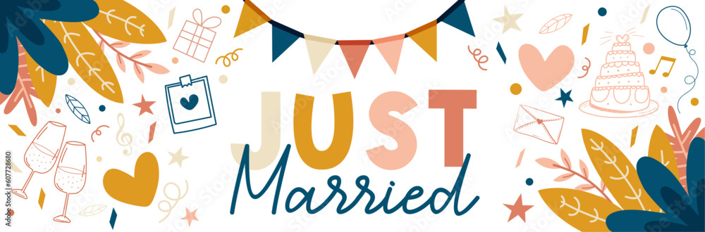 Just married - wedding colorful banner - Editable vector elements ...