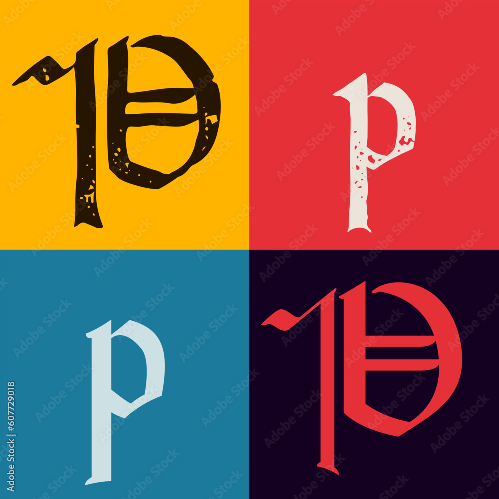 Gothic style letter P logo. Calligraphy uppercase and lowercase letters ...