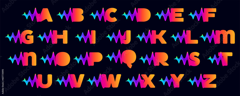 Alphabet set with pulse music player elements. Vibrant sound wave flow ...