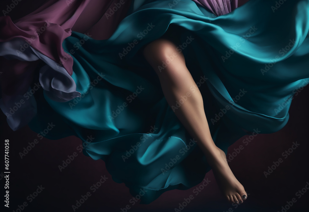 Beautiful sexy woman Barefoot dancing with Light fabric flutters in the ...