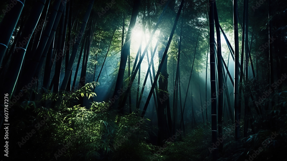 Dark creepy Bamboo forest with a mysterious light. Generative Ai Stock ...