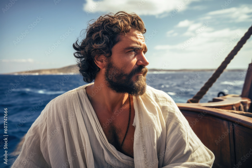 Photorealistic portrait of Ancient Greek hero Odysseus on a ship to his home island Ithaca ...