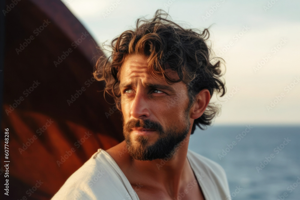 Photorealistic portrait of Ancient Greek hero Odysseus on a ship to his home island Ithaca ...