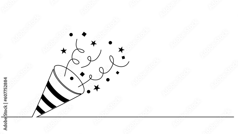 Continuous line drawing party popper. Celebration object, festive icon ...