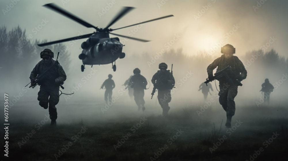 Military soldiers are running to the helicopter in the battlefield ...