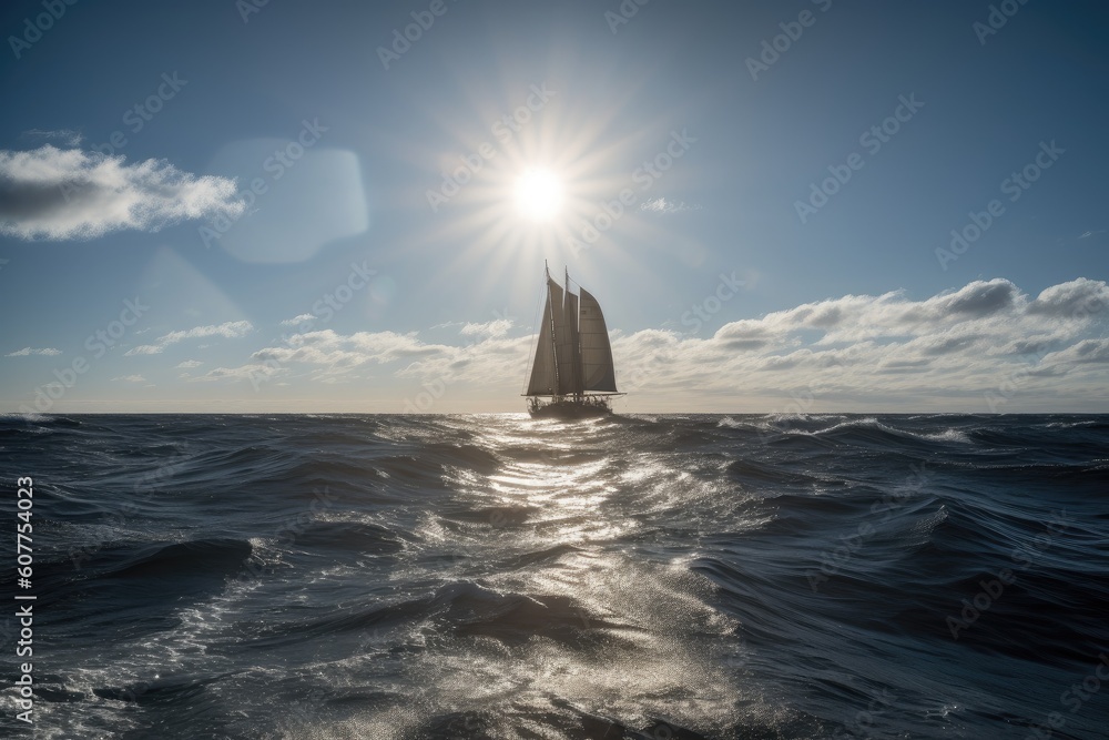 sailing vessel making its way across the sea, with waves and sun ...