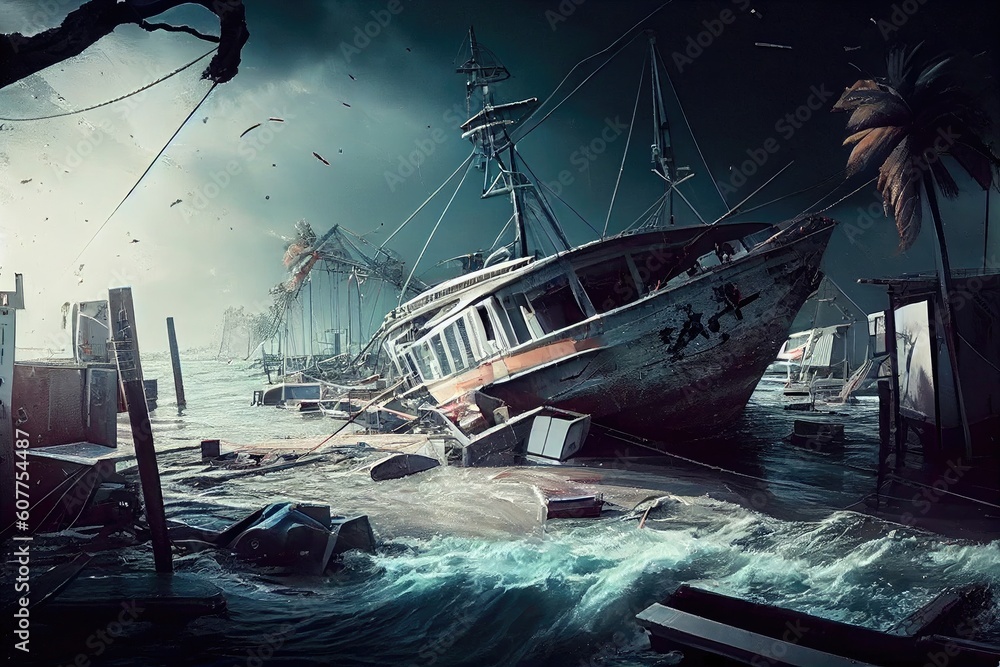 tropical cyclone bringing destruction to coastal city, with boats and ...