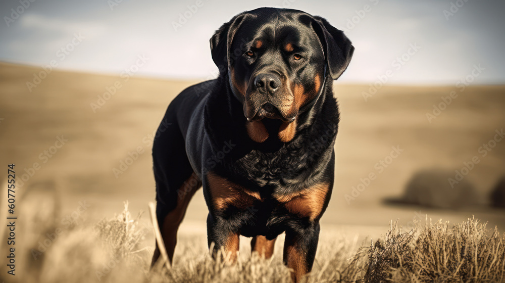 Rottweiler, its muscular form brilliantly contrasted against an open ...