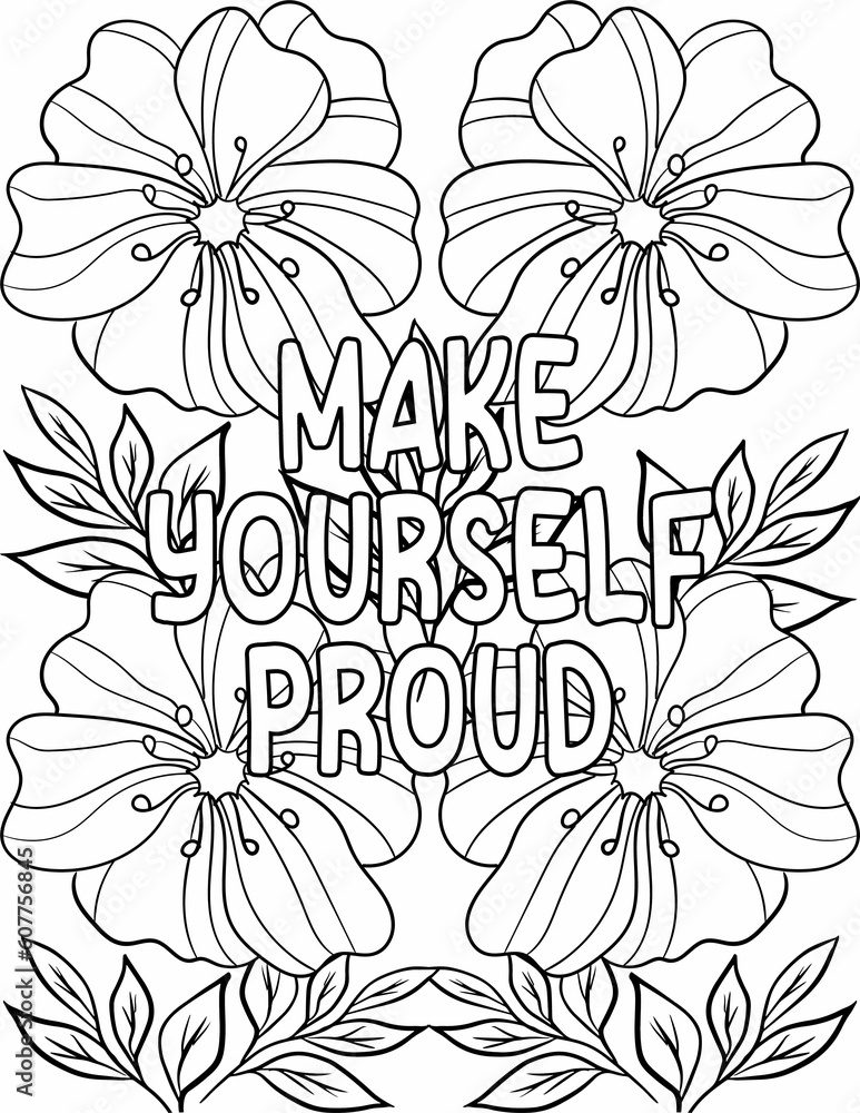 Positive affirmation coloring page with a set of flowers and leaves and ...