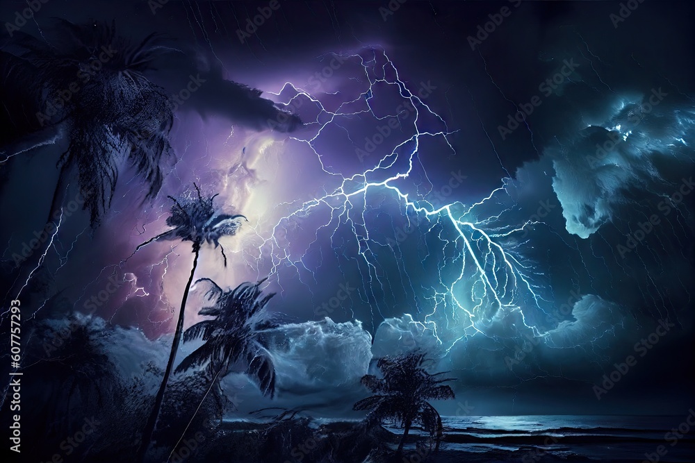 tropical cyclone with dramatic lightning and thunderstorm, against ...