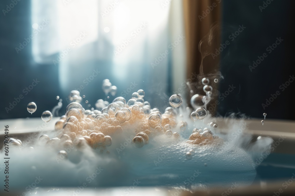 bubbles floating on the surface of a hot bubble bath, with steam rising ...