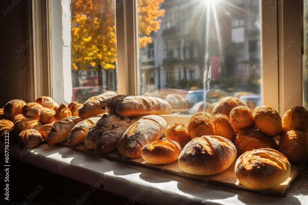 row of artisan breads displayed in bakery window, with sun shining ...