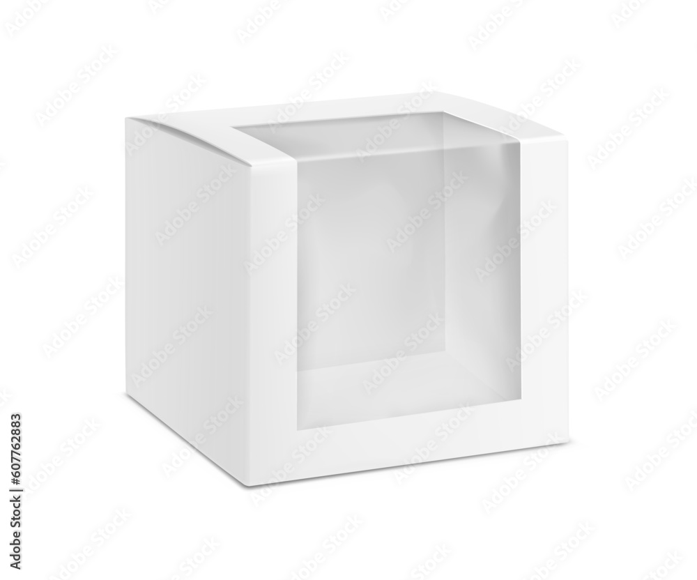 Square box with clear window mockup. Vector illustration isolated on ...