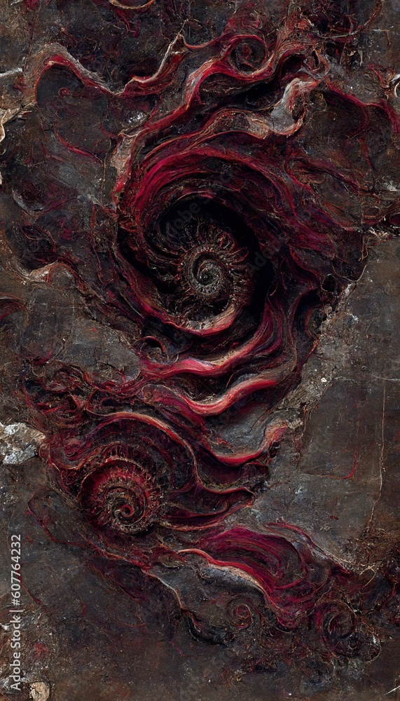 Fossilized ammonite sea shell spirals embedded into dark scarlet red ...