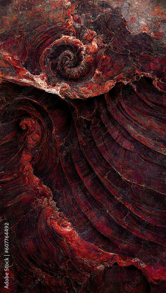 Fossilized ammonite sea shell spirals embedded into dark scarlet red ...