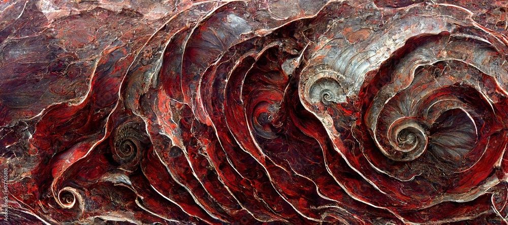 Fossilized ammonite sea shell spirals embedded into dark scarlet red ...