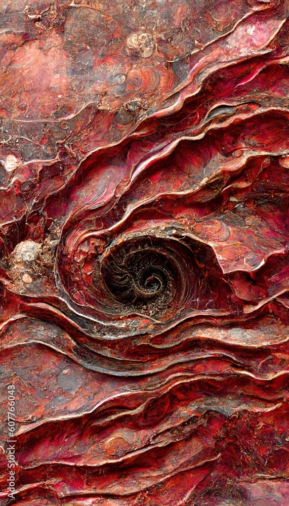 Fossilized ammonite sea shell spirals embedded into dark scarlet red ...