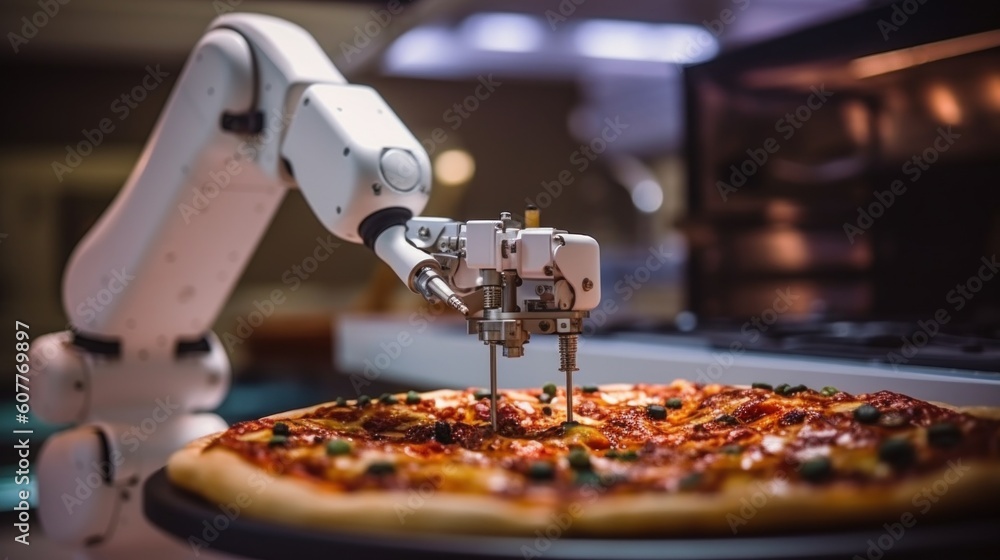 A robotic arm holding a pizza on top of a pan. Generative AI image ...