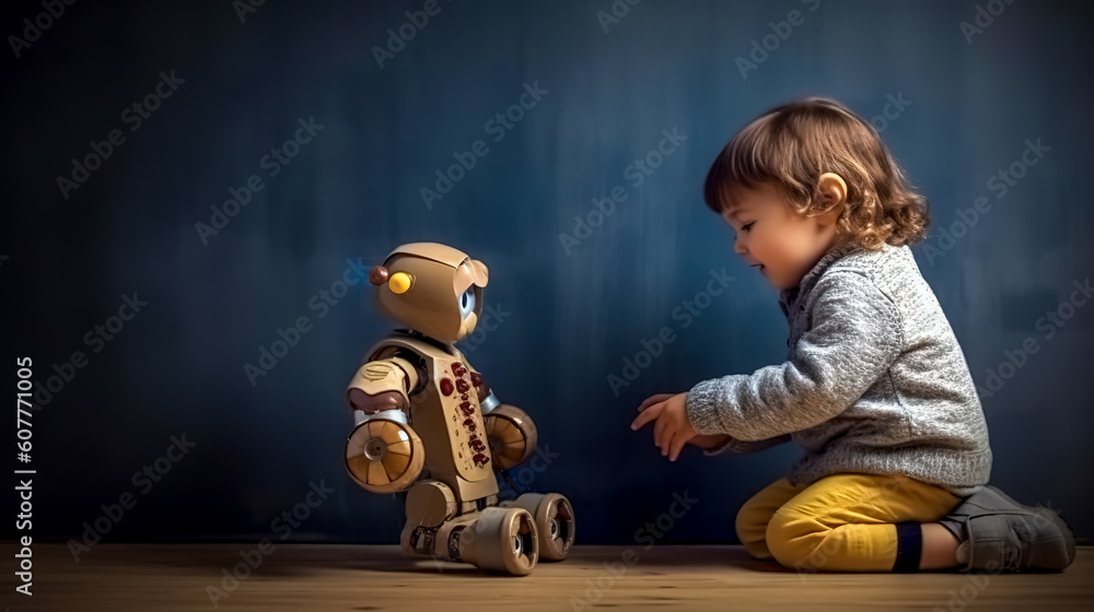 cute child play with robot, the concept of a new generation of children ...