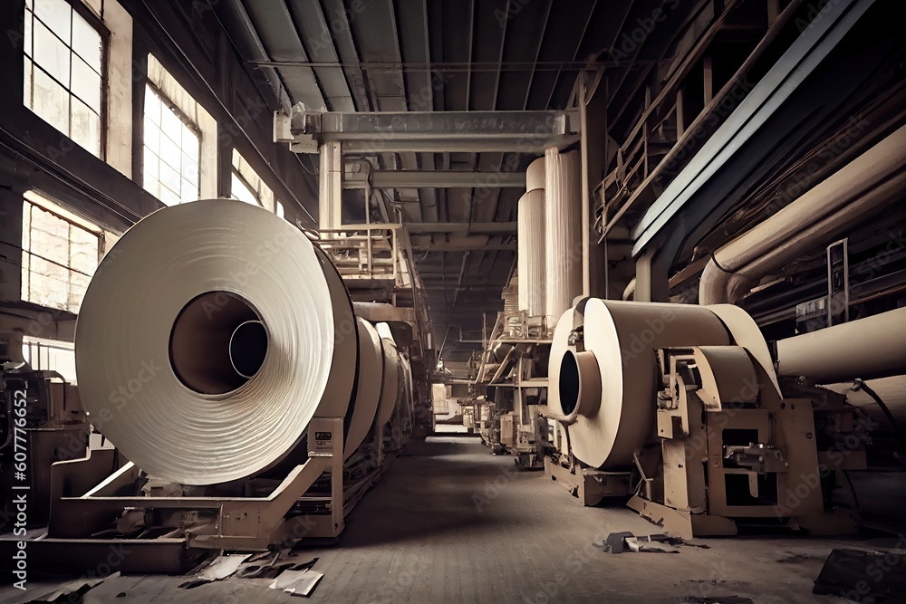 pulp and paper factory, with massive machines producing endless rolls ...