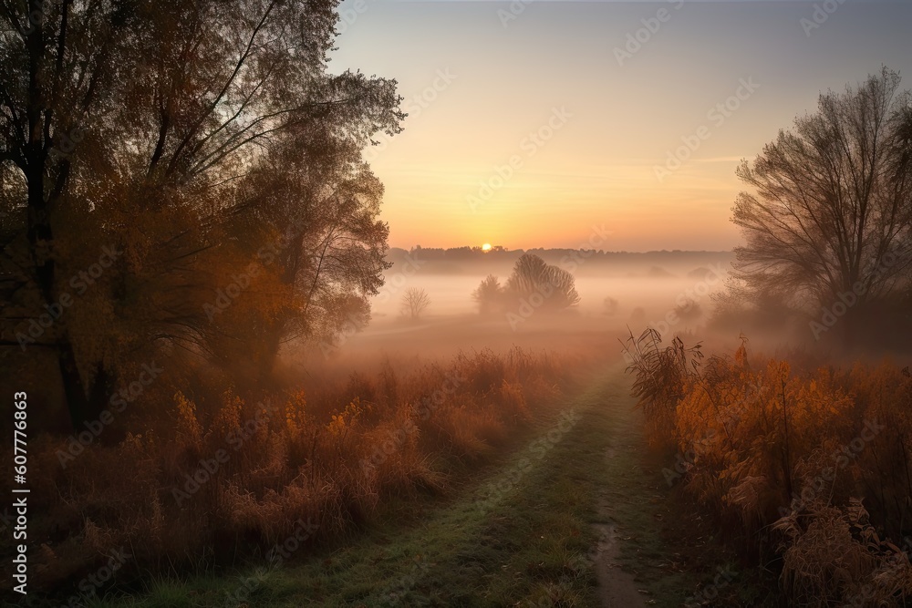 misty autumn morning, with a view of the sun rising over the horizon ...