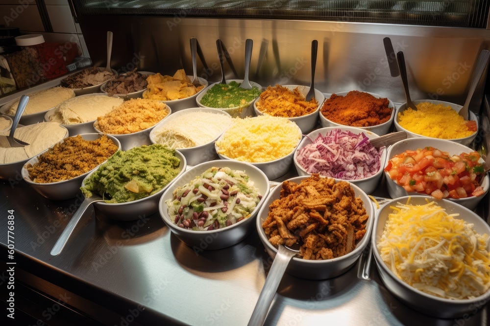 tacos stand with variety of toppings and fillings for customers to ...