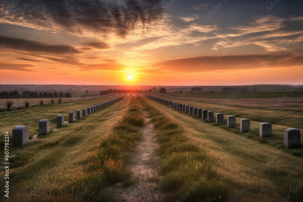 vast cemetery, with rows of headstones stretching into the distance ...